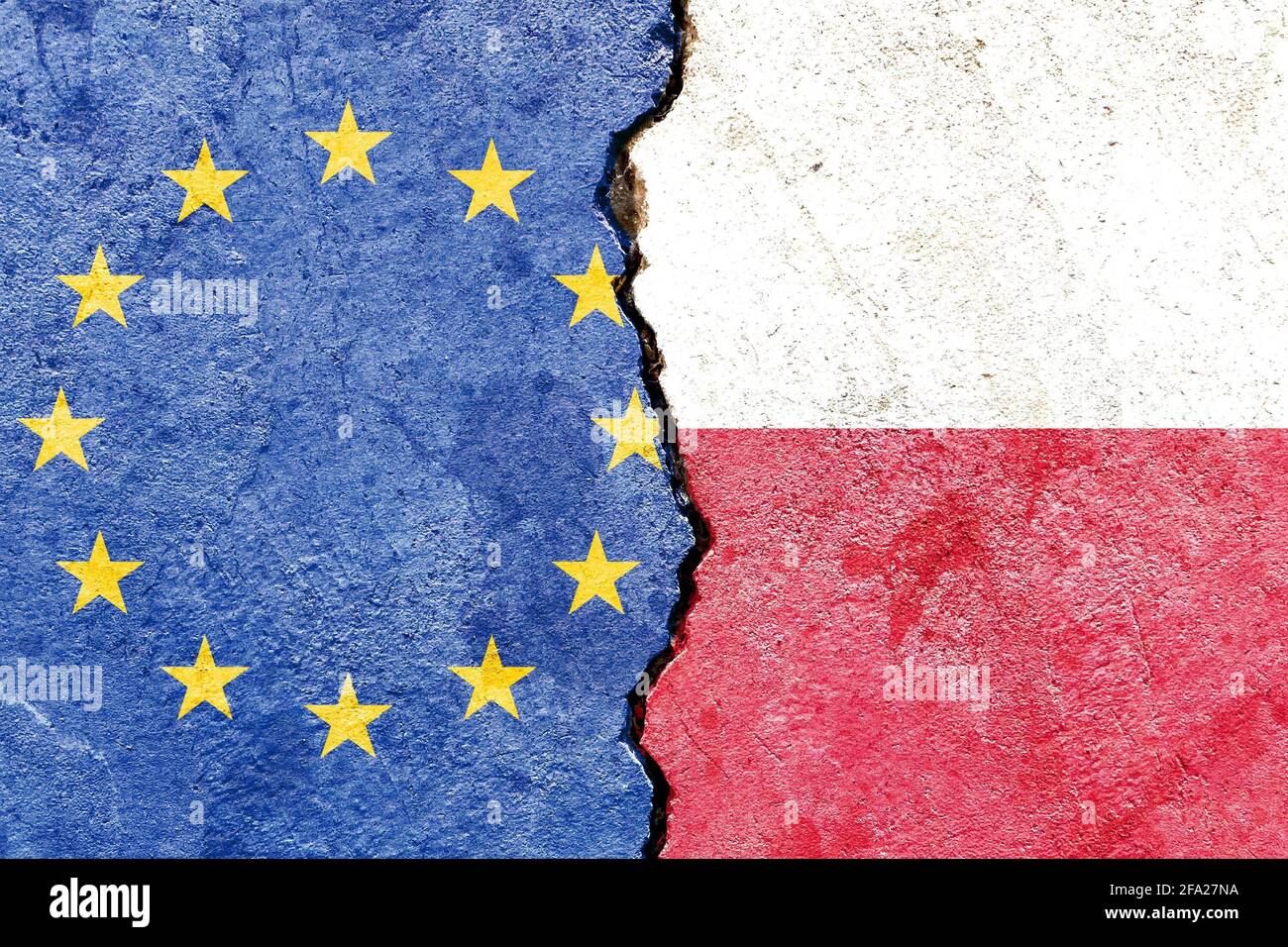 Illustration of the flags of EU and Poland separated by a crack ...