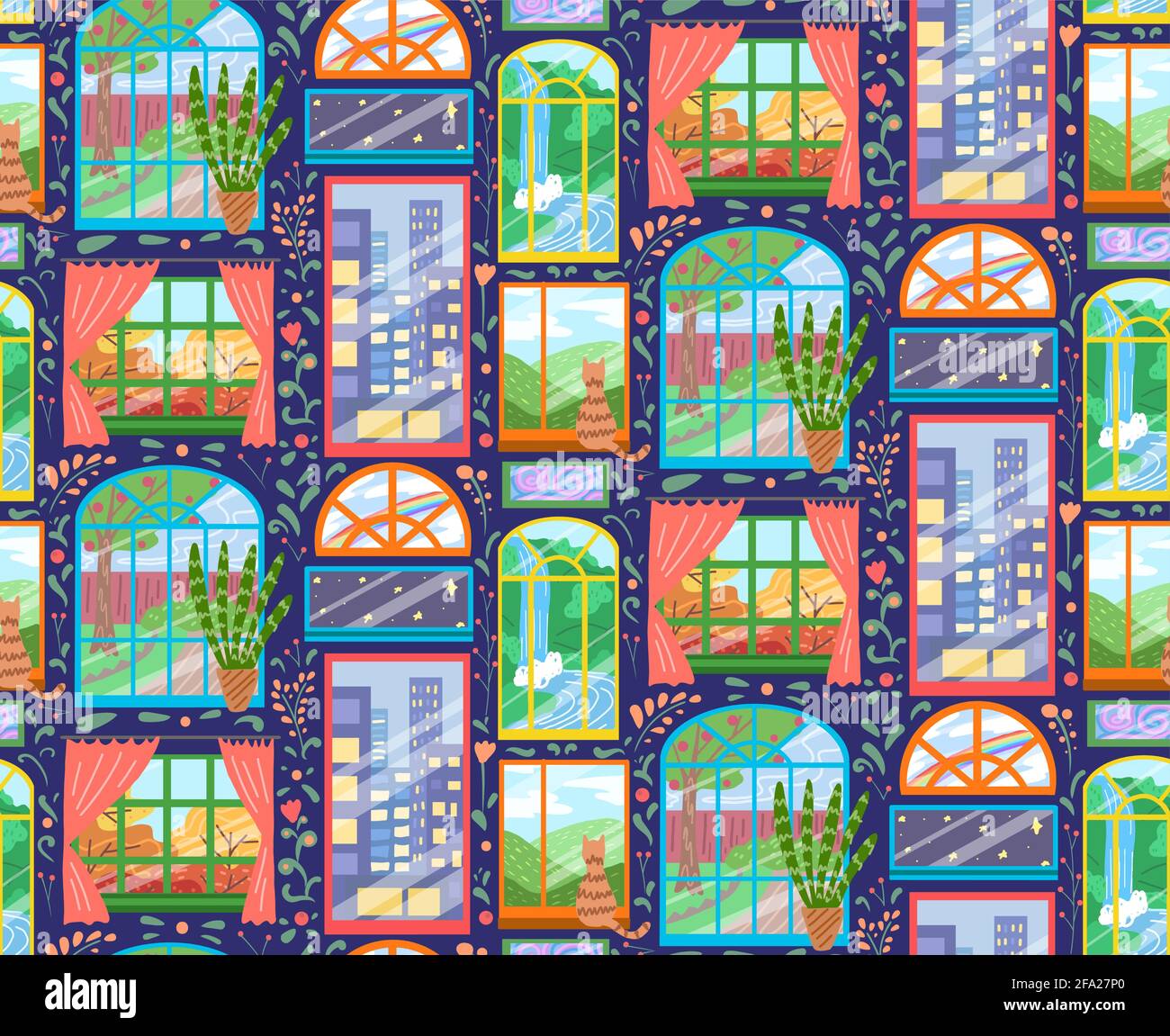 Seamless child bright texture of various windows with a floral pattern ...