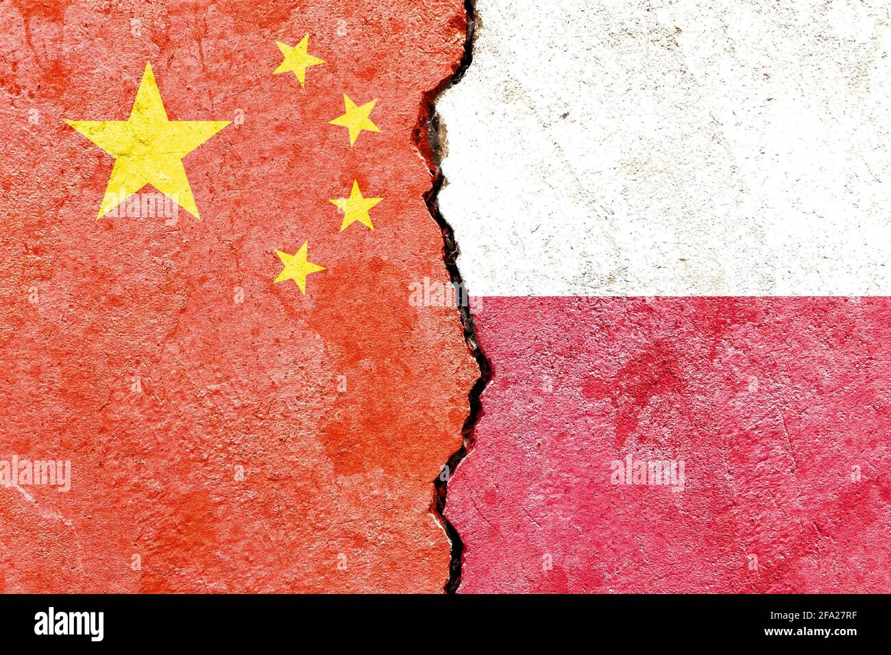 Illustration of the flags of China and Poland separated by a crack ...