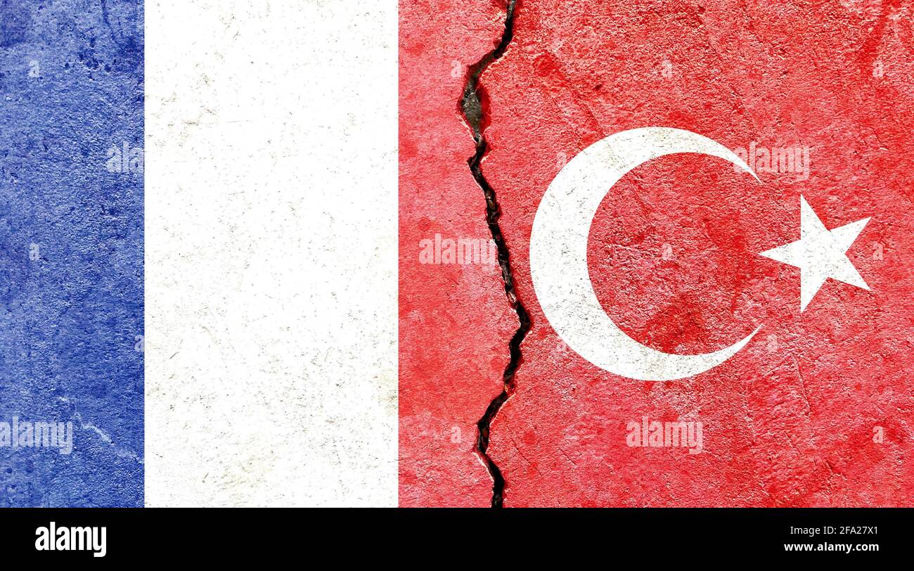 Illustration of the flags of France and Turkey separated by a crack ...