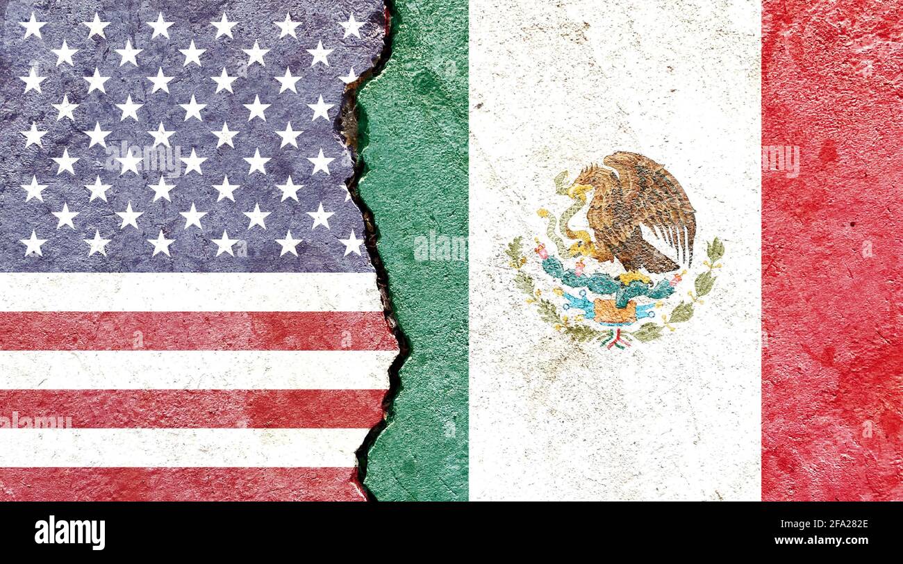 Illustration of the flags of USA and Mexico separated by a crack ...
