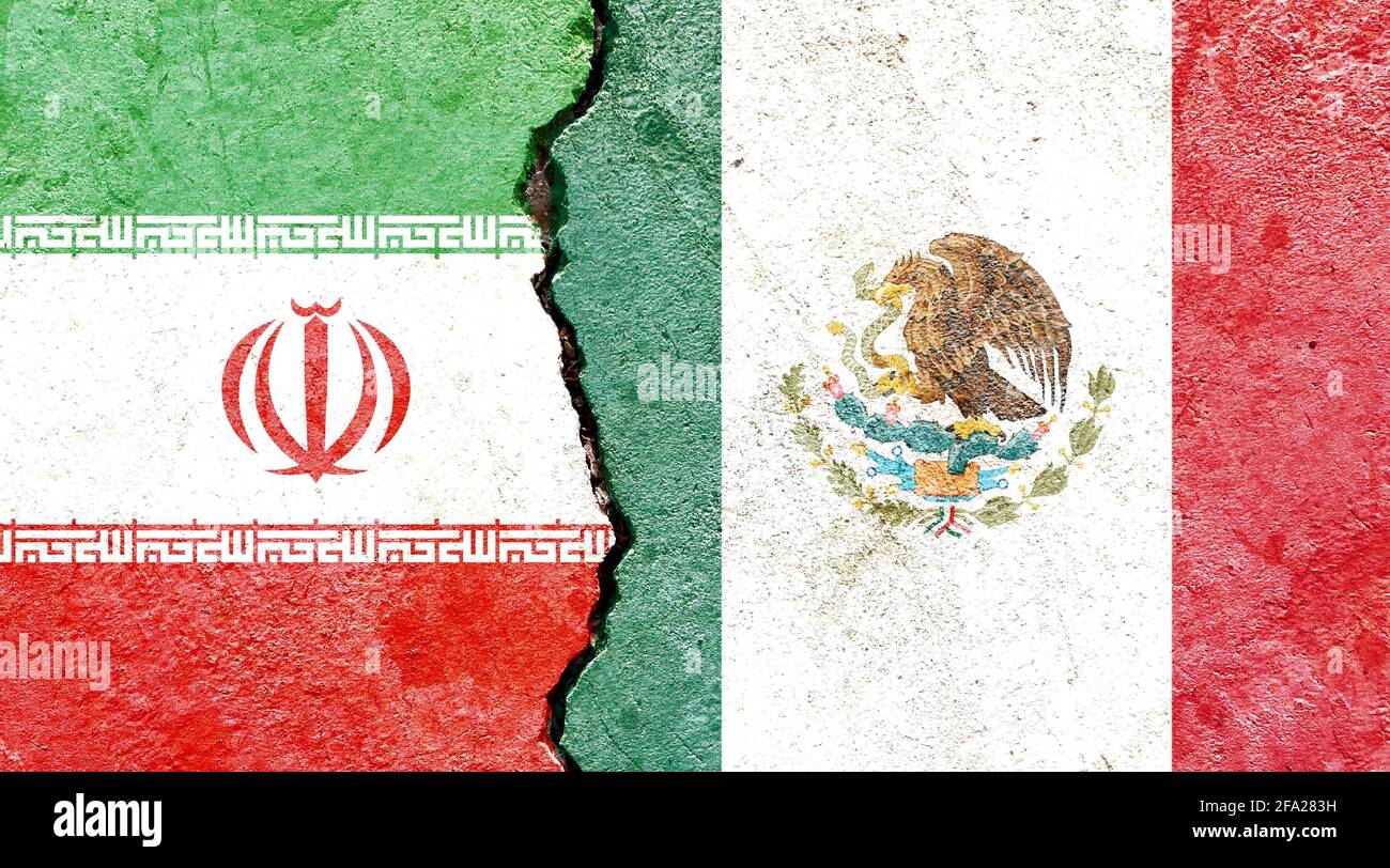Illustration of the flags of Iran and Mexico separated by a crack ...