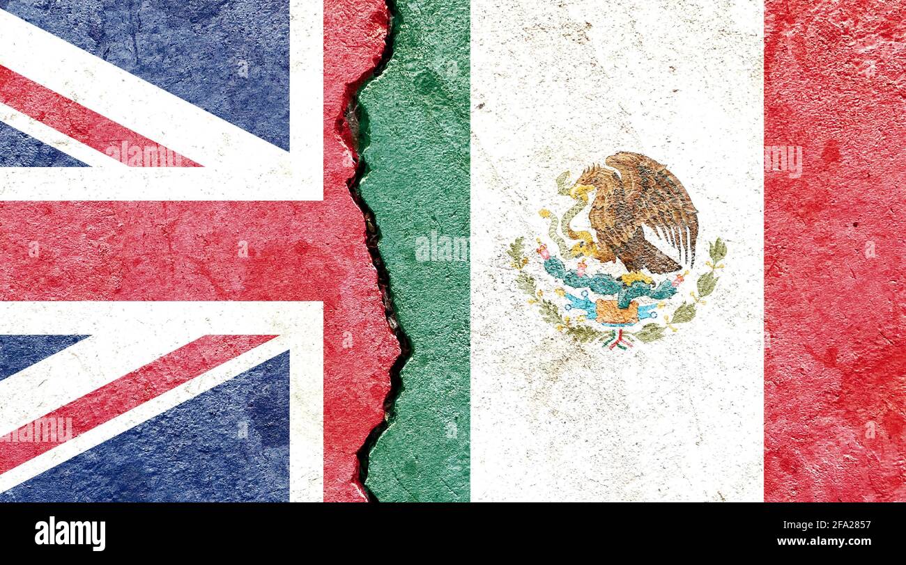 Illustration of the flags of UK and Mexico separated by a crack ...