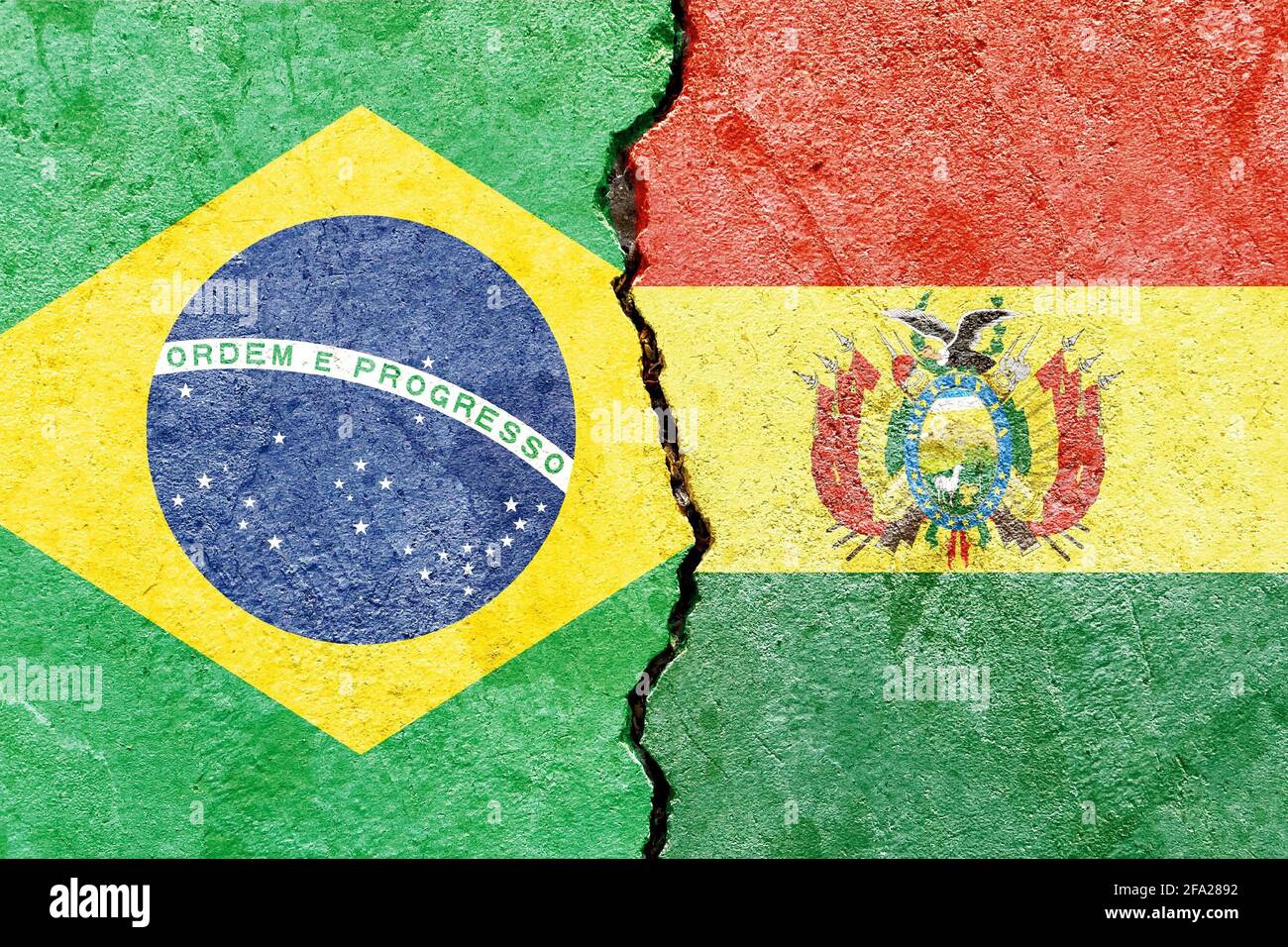 Illustration of the flags of Brazil and Bolivia separated by a crack ...
