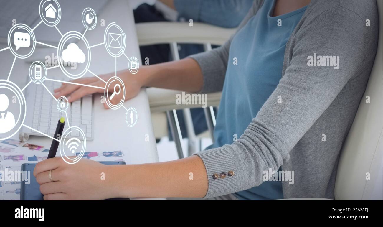 Composition of network of connections digital icons over woman using ...
