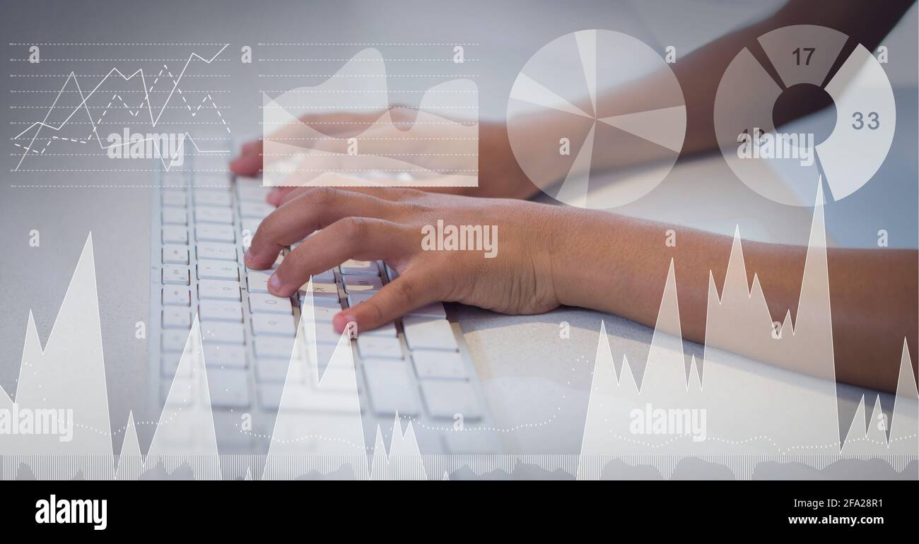 Composition of digital icons and data processing over woman typing on ...