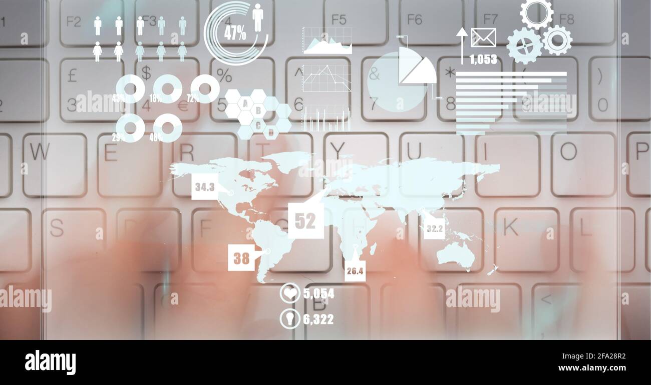 Composition of digital icons, data processing with world map over ...