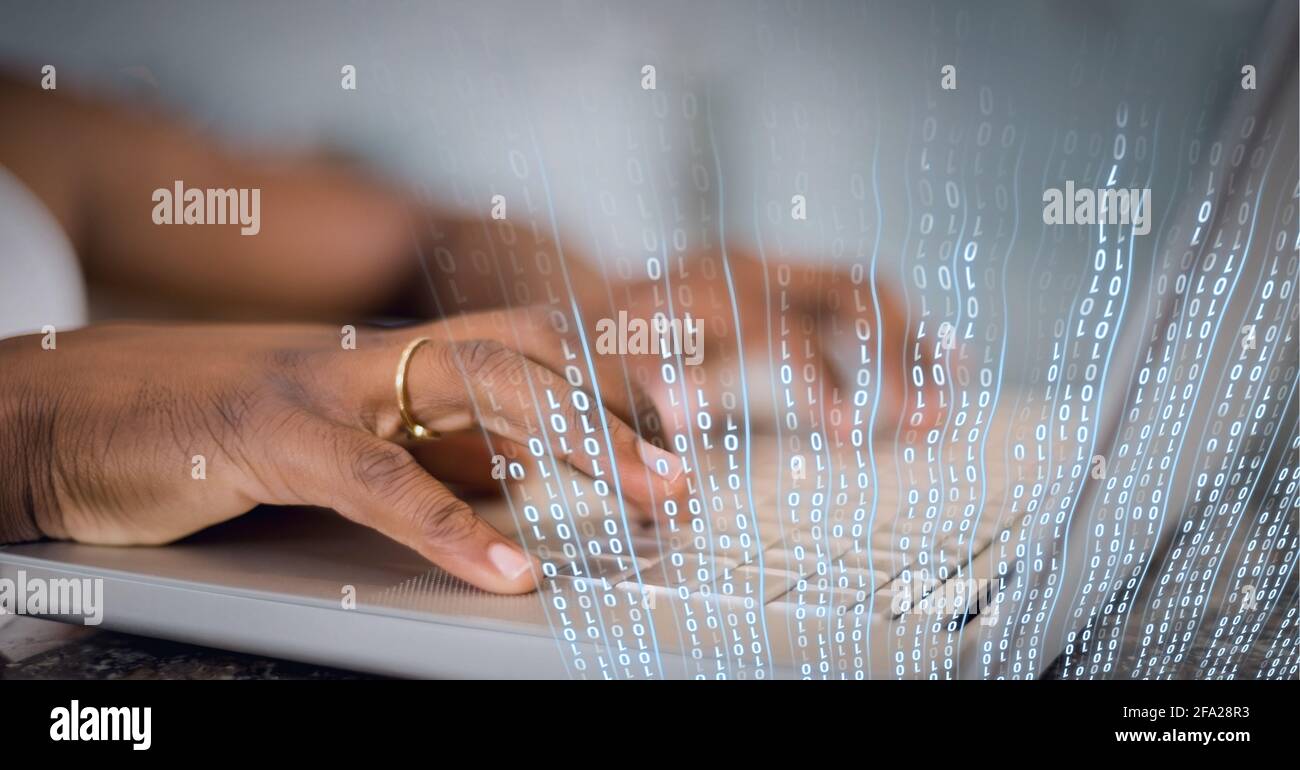 Composition of binary data processing over man typing on laptop ...