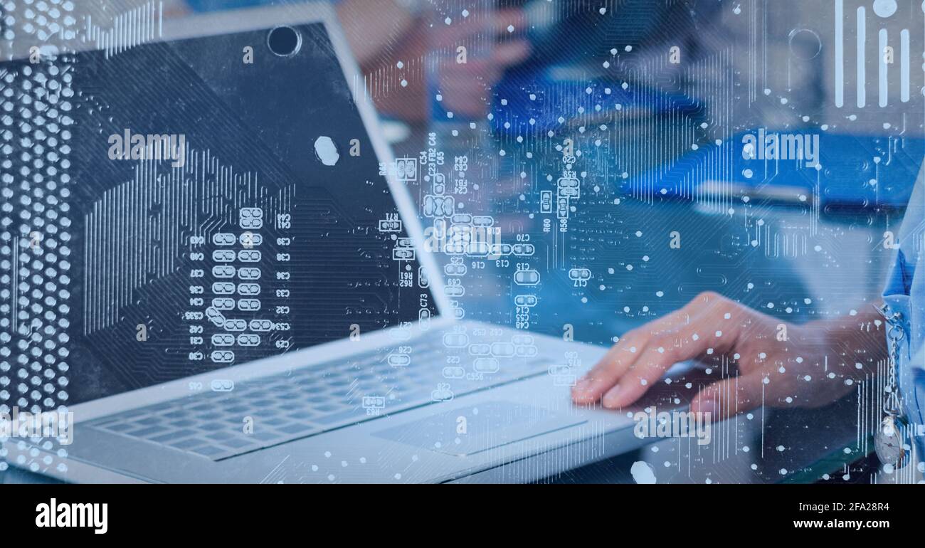 Composition of statistics with digital icons over man typing on laptop ...