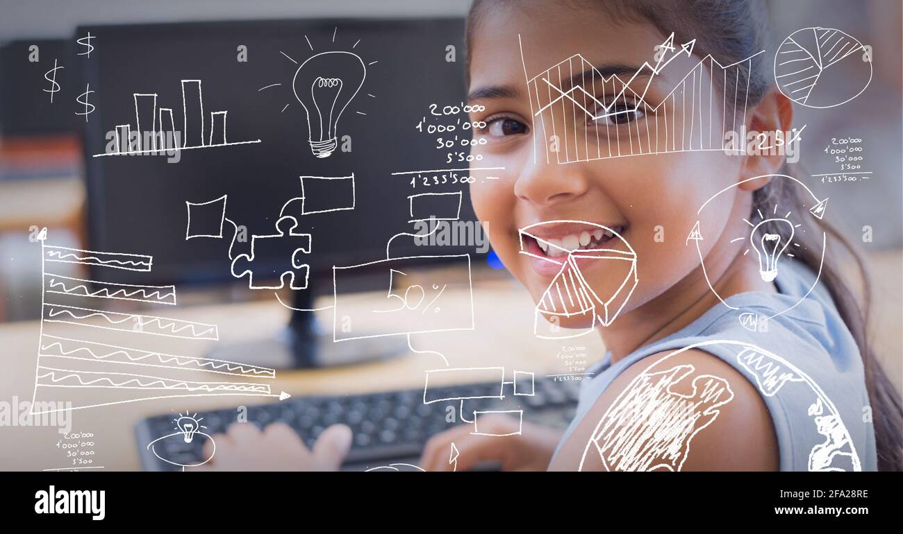 Composition of digital icons over portrait of girl using computer Stock ...