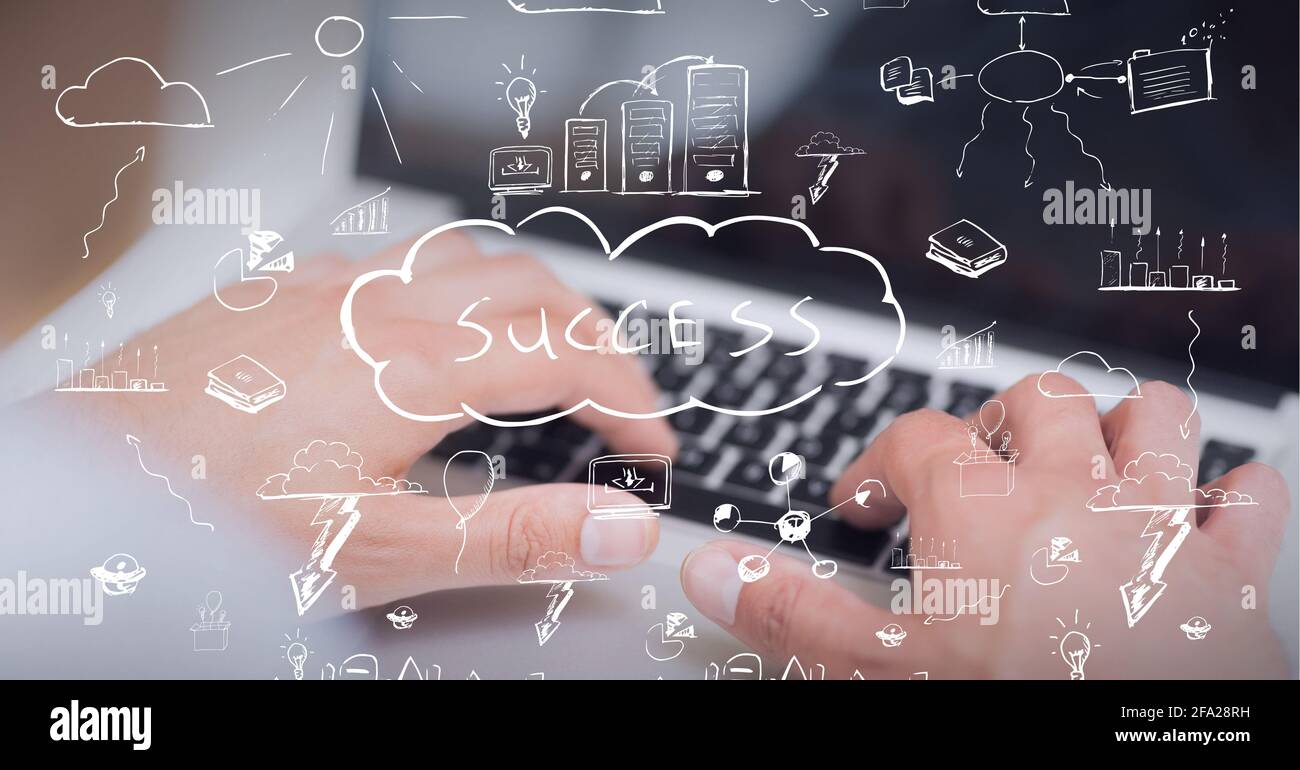 Composition of success world in cloud with digital icons over man ...