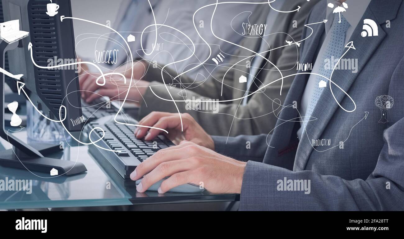 Composition of network of connections with digital icons over two ...