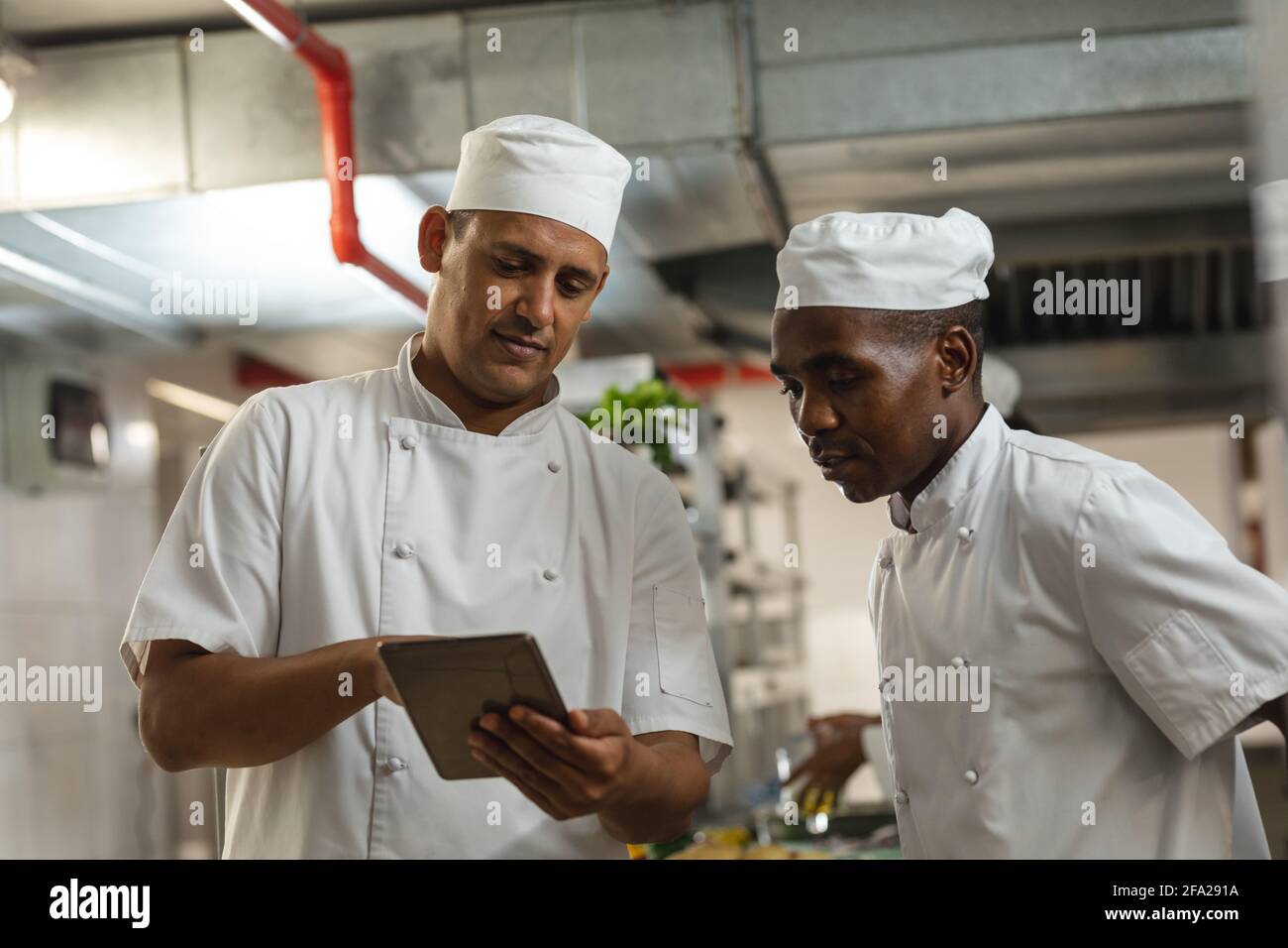 Portrait of diverse race male professional chefs discussig over tablet ...