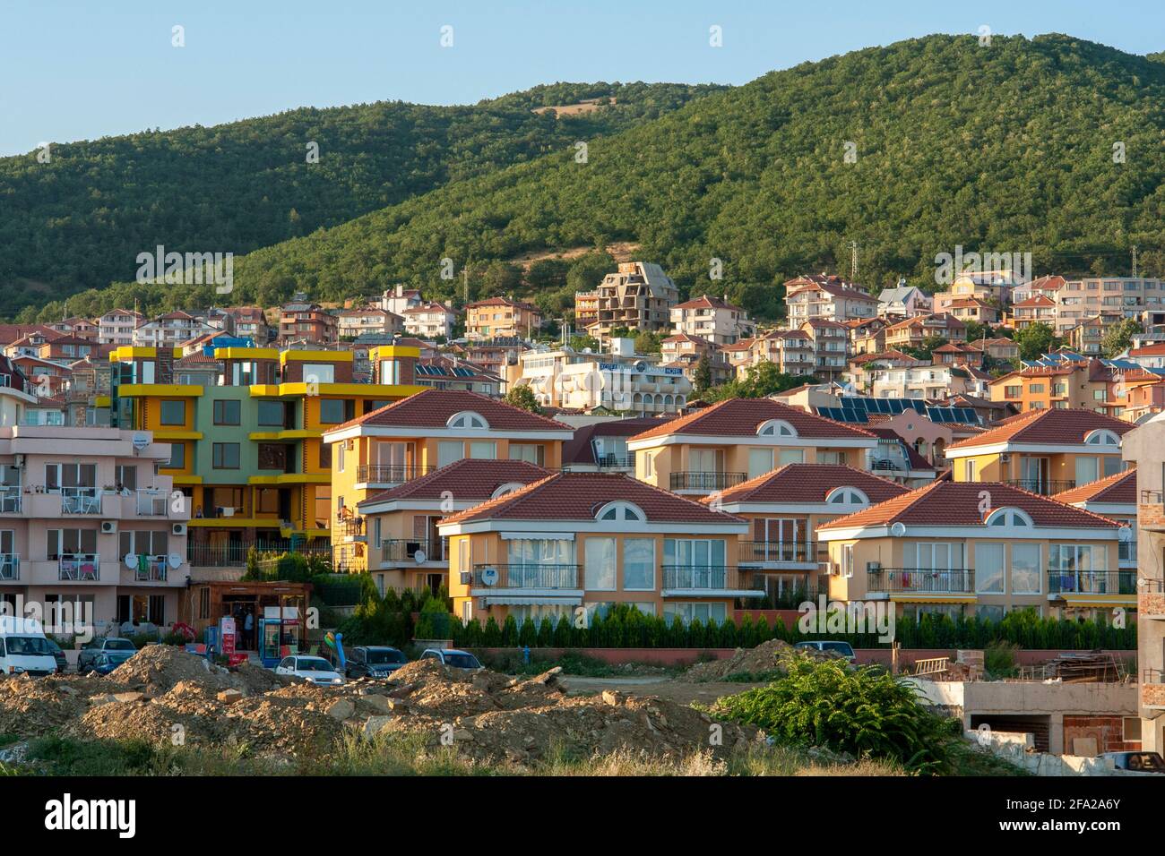 Bird view of Sv. Vlas village resort, low-rise residential buildings ...