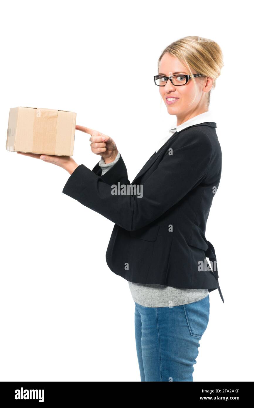 Young woman in front of white background, she ship a package or would ...