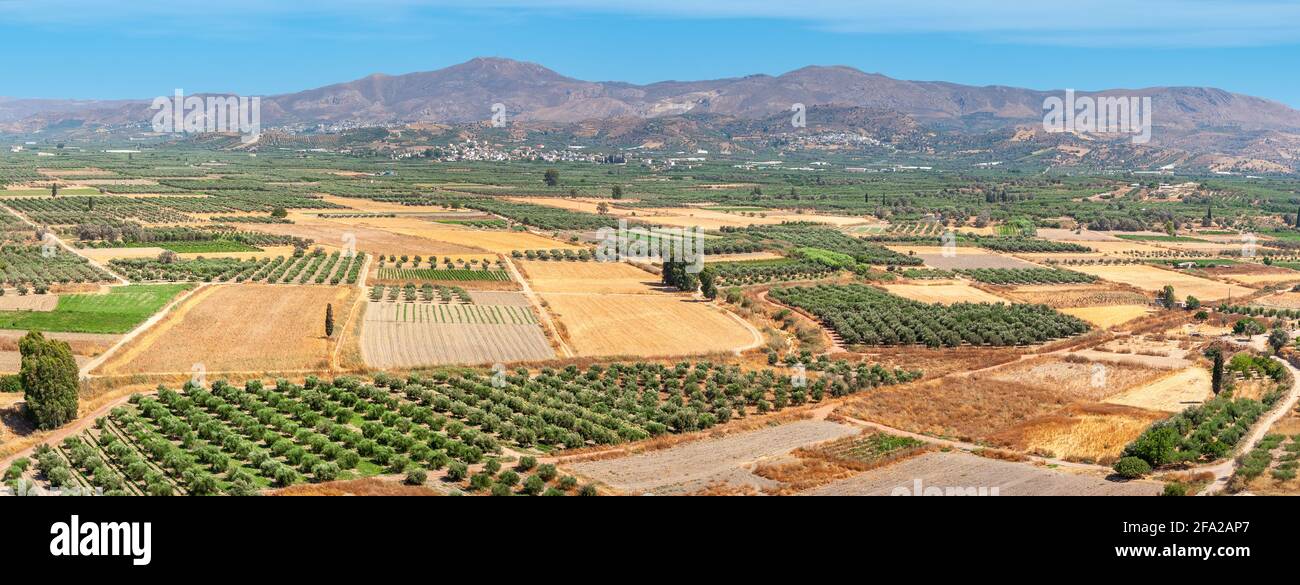Panoramic view of Messara plain from the hill of Phaistos. Crete ...
