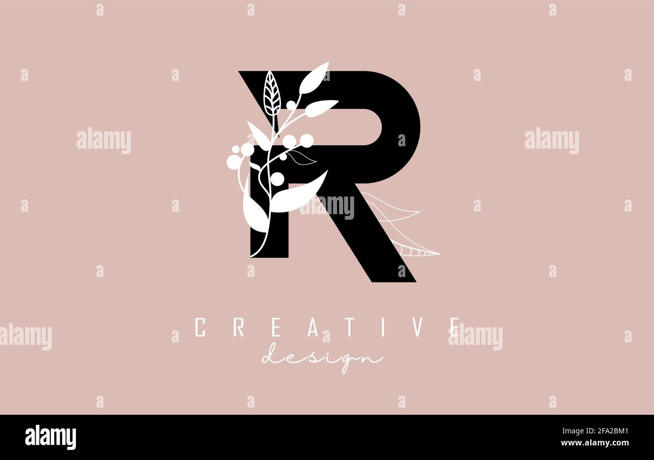 R Black Letter Logo with white leaves, leaf, branch design. Creative ...