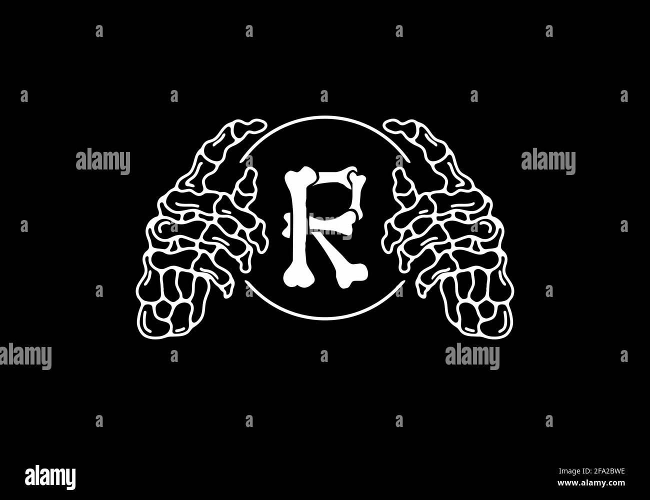 White black color of skeleton R initial letter with hand design Stock ...