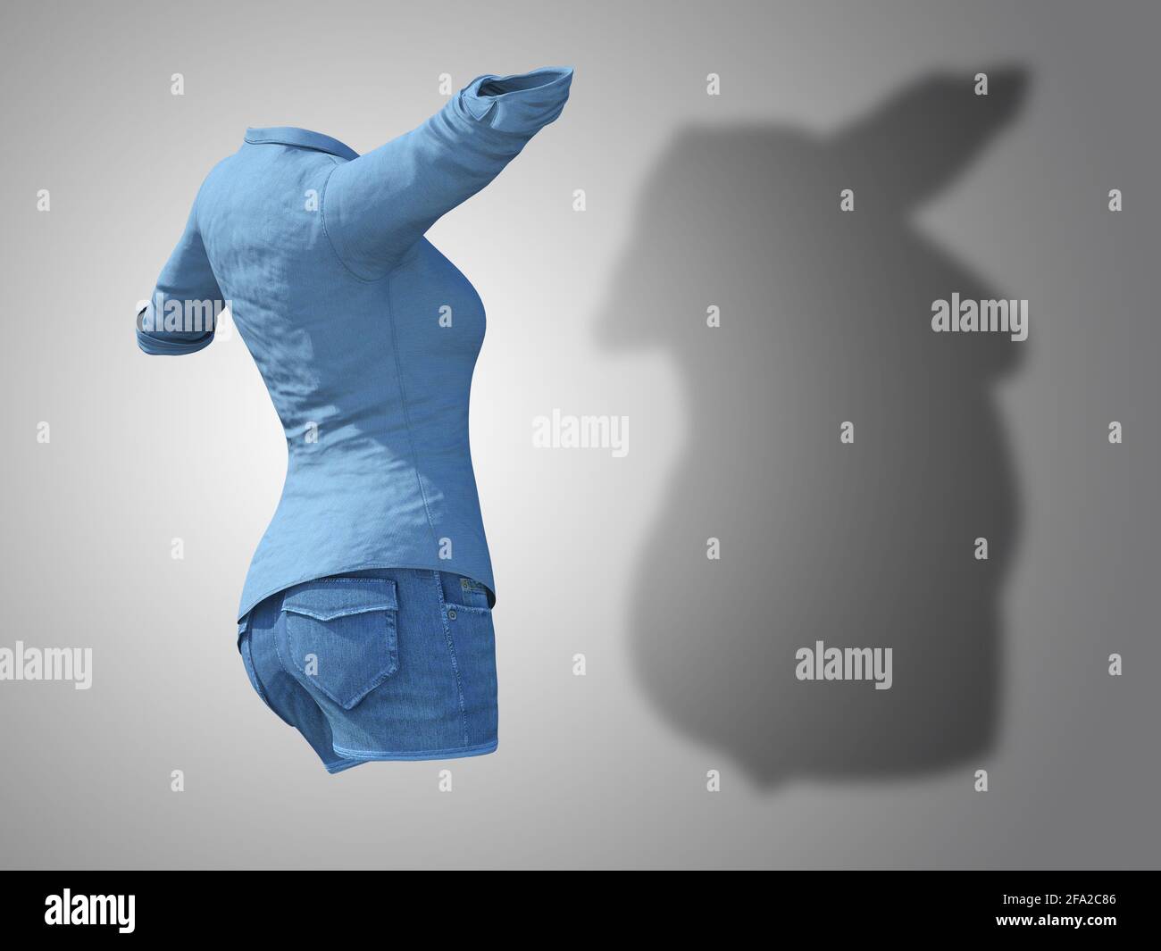Conceptual fat overweight obese shadow female jeans shirt vs slim fit ...