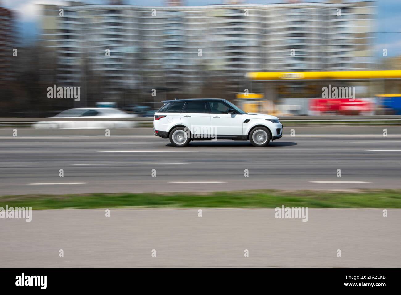 Ukraine, Kyiv - 6 April 2021: White Land Rover Range Rover Sport car ...