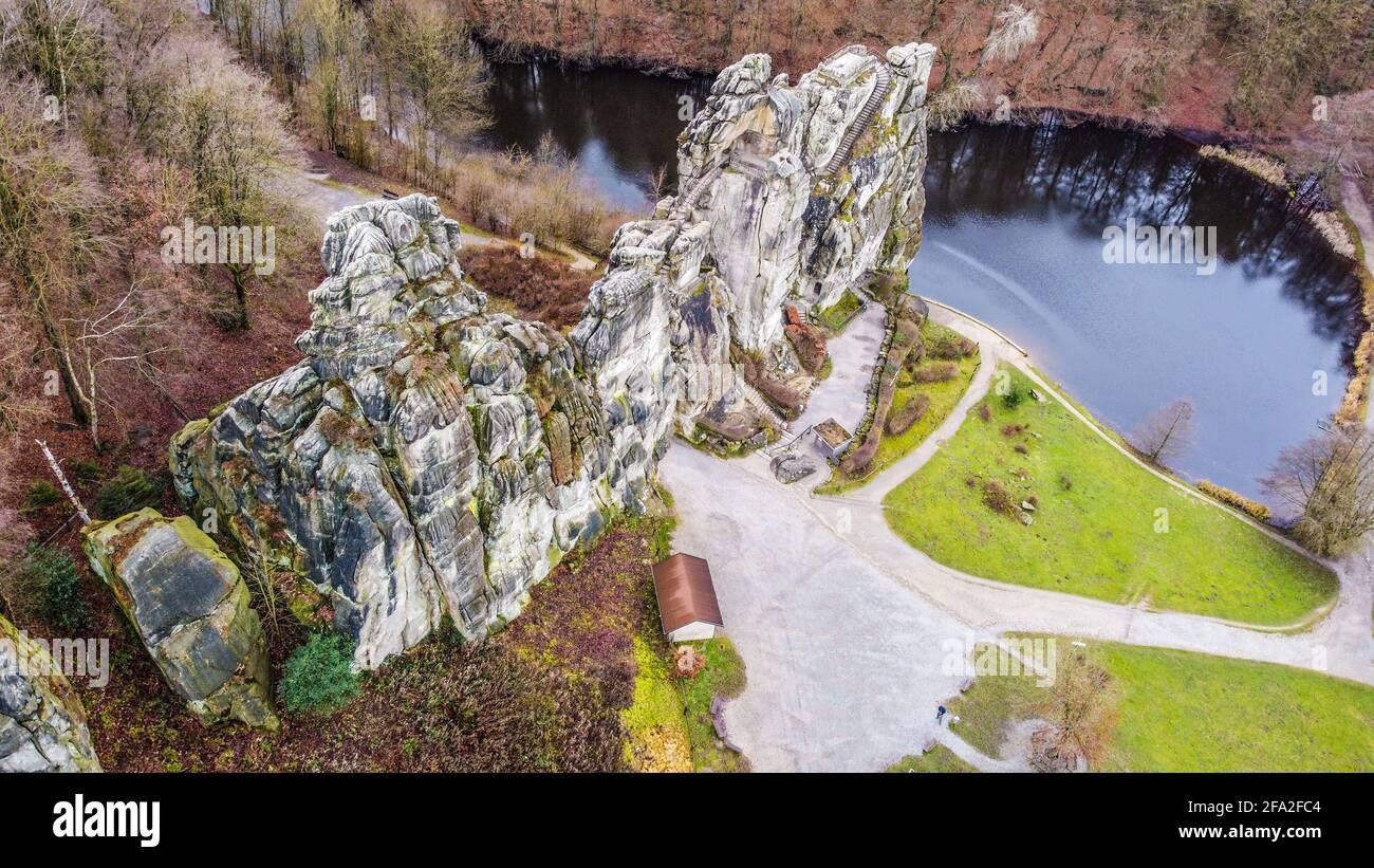 Aerial view of the Externsteine rock formation in the Teutoburg Forest ...