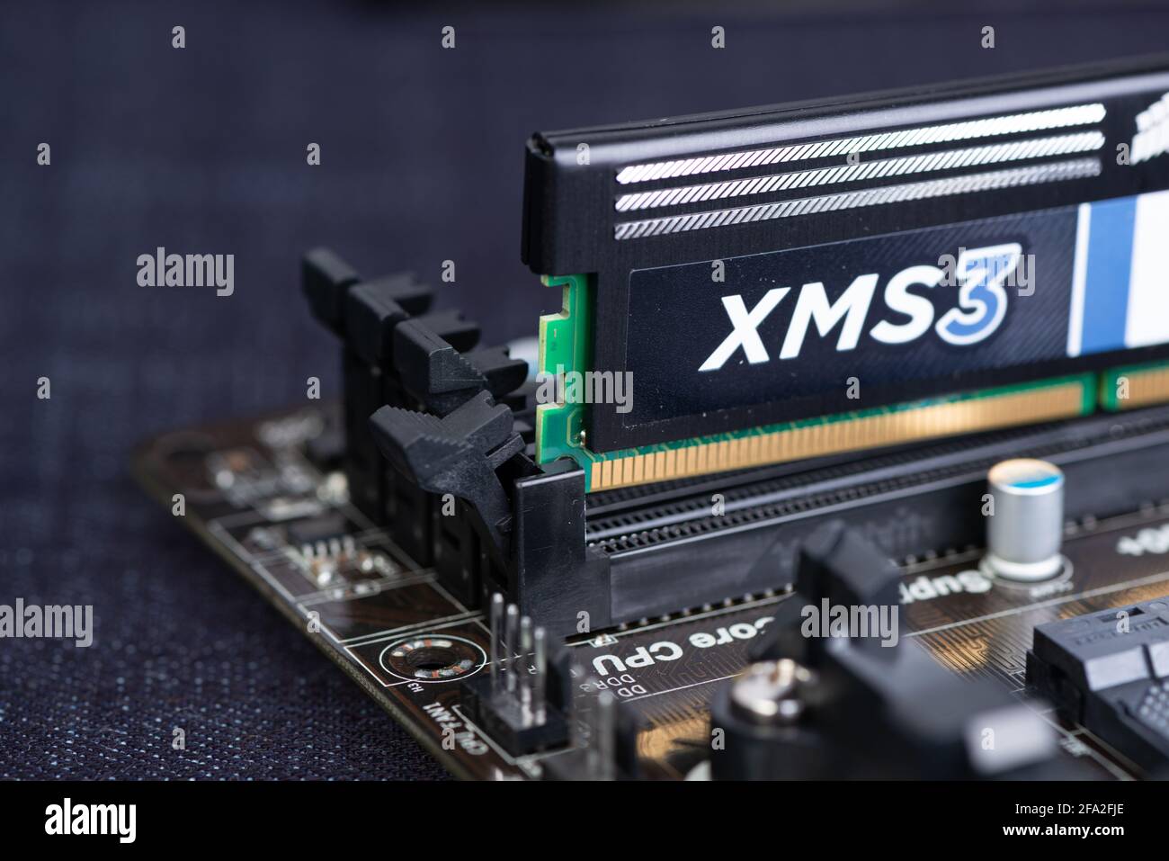 Copenhagen, Denmark 24 April 2013. DDR3 Corsair 4Gb memory placed into ...