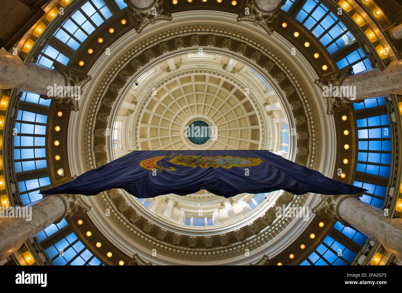 Low angle shot of the ceilings and columns inside the Idaho State ...