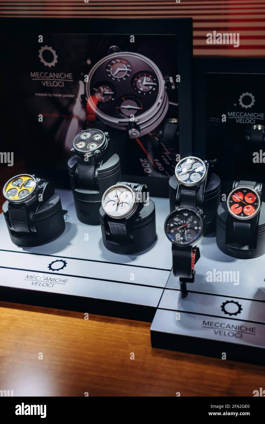 Dubai, UAE - May 31, 2013. A storefront with Meccaniche Veloci watches ...