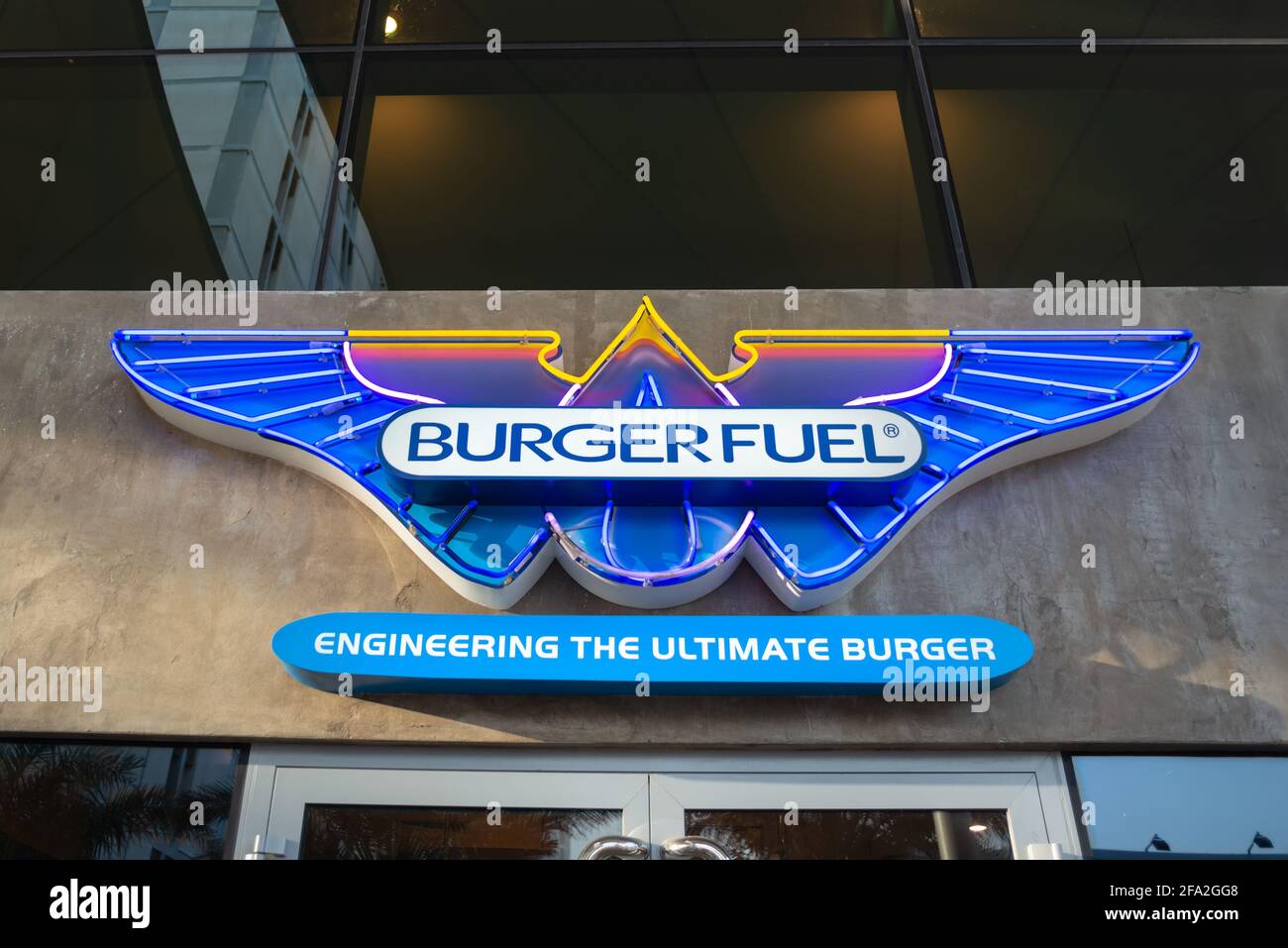Dubai, UAE - May 28, 2013. Burger Fuel logo at the entrance of the fast ...