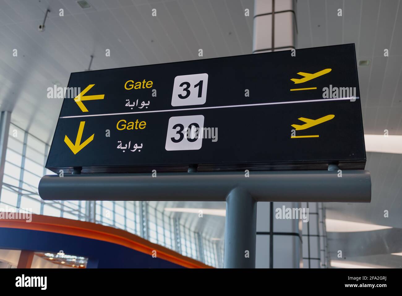 Hurghada, Egypt - July 12, 2017: Gate 31-30 signs in the terminal of ...