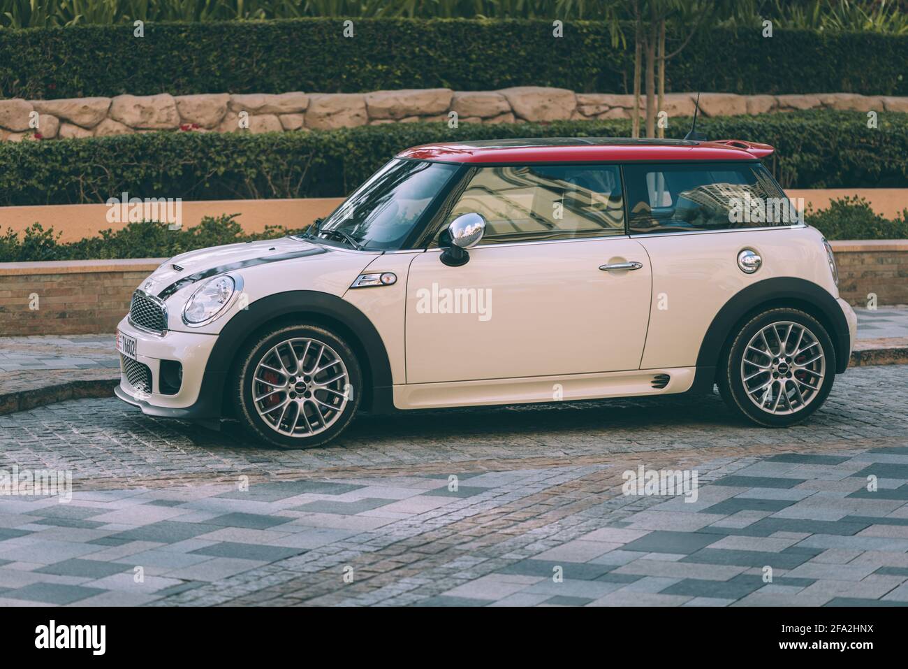 Dubai, UAE - May 27, 2013. Mini Cooper S car parked at the Dubai Marina ...