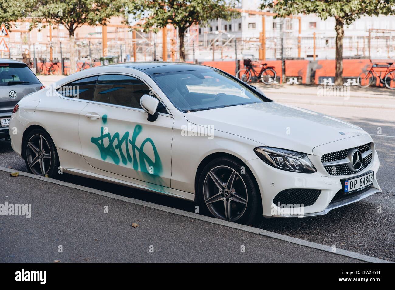 Copenhagen, 14 September 2020 - White Mercedes Benz vandalised by spray ...