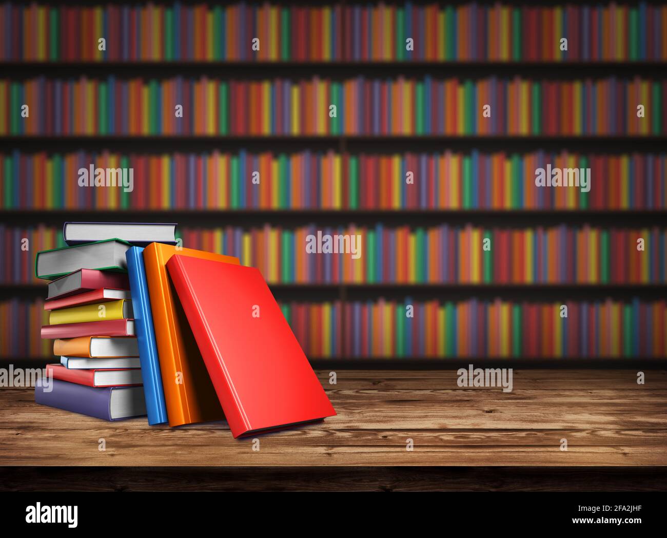 Wooden table with a stack of colored books. Blurred background from ...