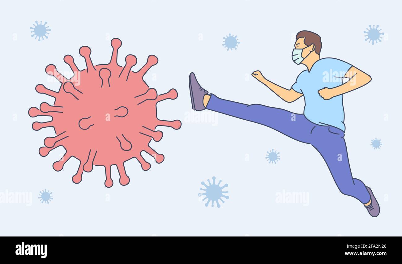 Coronavirus, fighting, infection, protection concept. Young man cartoon ...