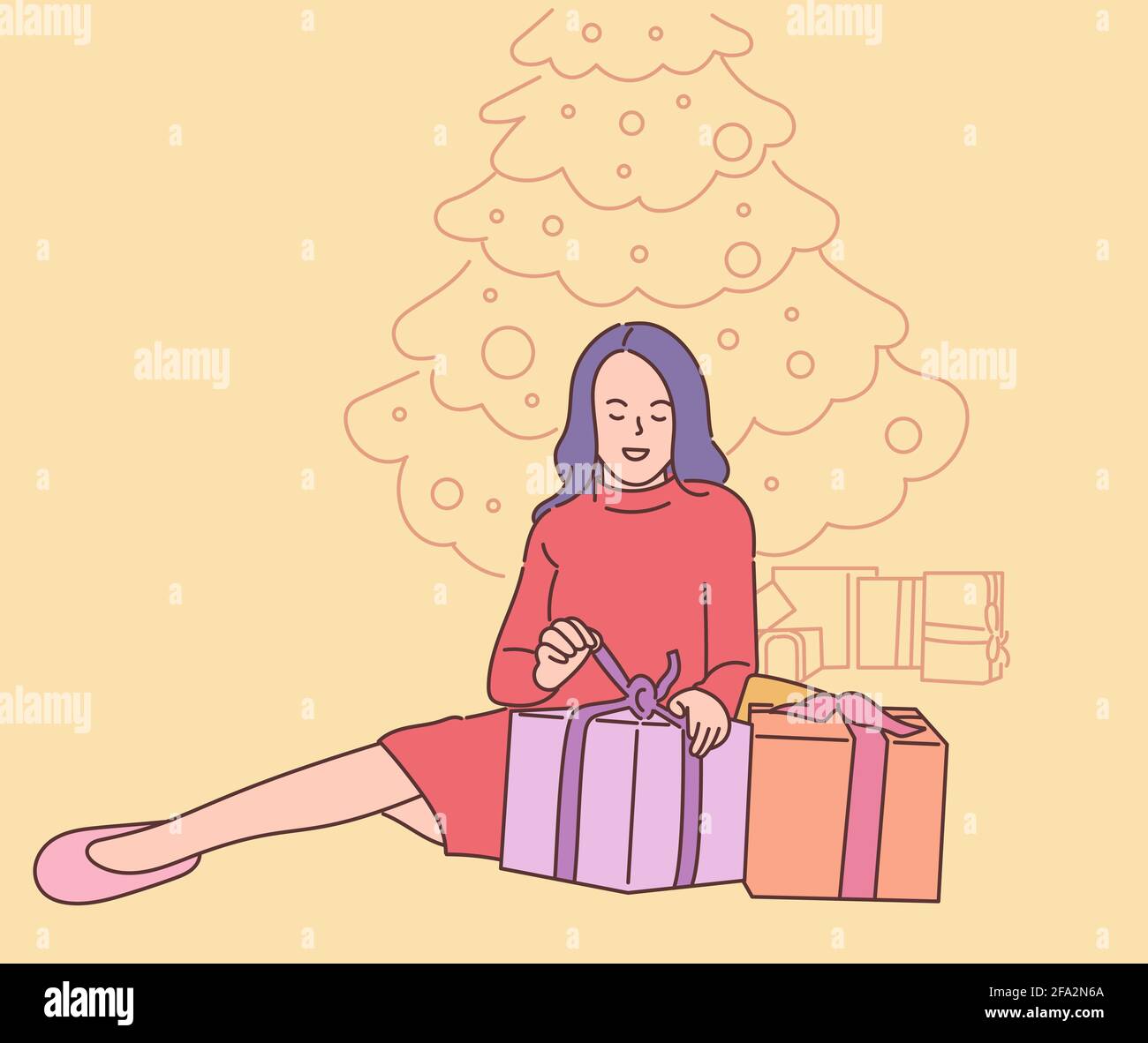 Christmas or New year concept. Young happy smiling woman cartoon ...