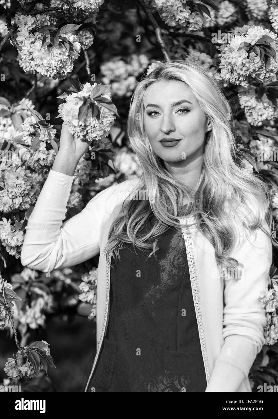 Pink mood. Spring fashion collection. Woman spring flower sakura bloom ...