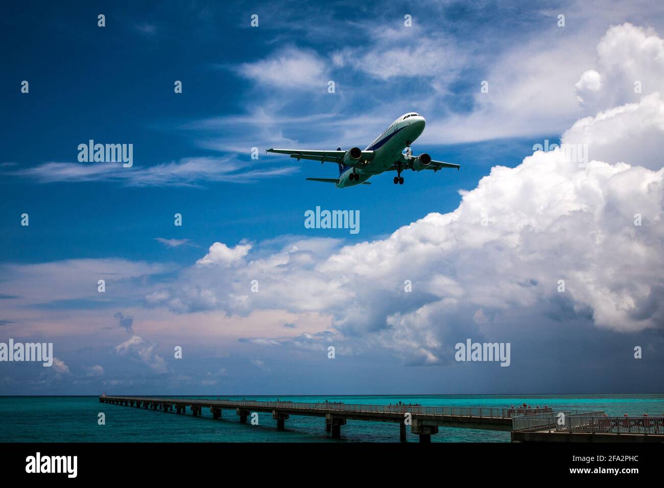 Trainee pilot flying Japan Airline aeroplane over emerald green water ...