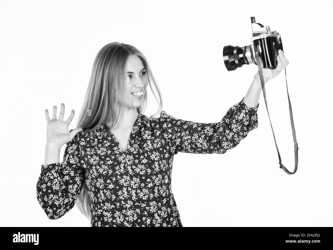 happy girl make selfie photo with old fashioned camera. modern ...