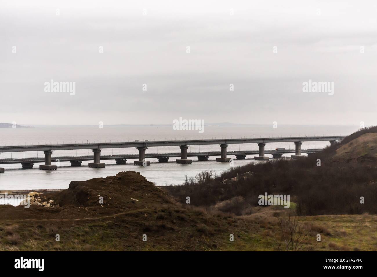 The Crimean Bridge in Kerch. Evening view of the beginning of the ...