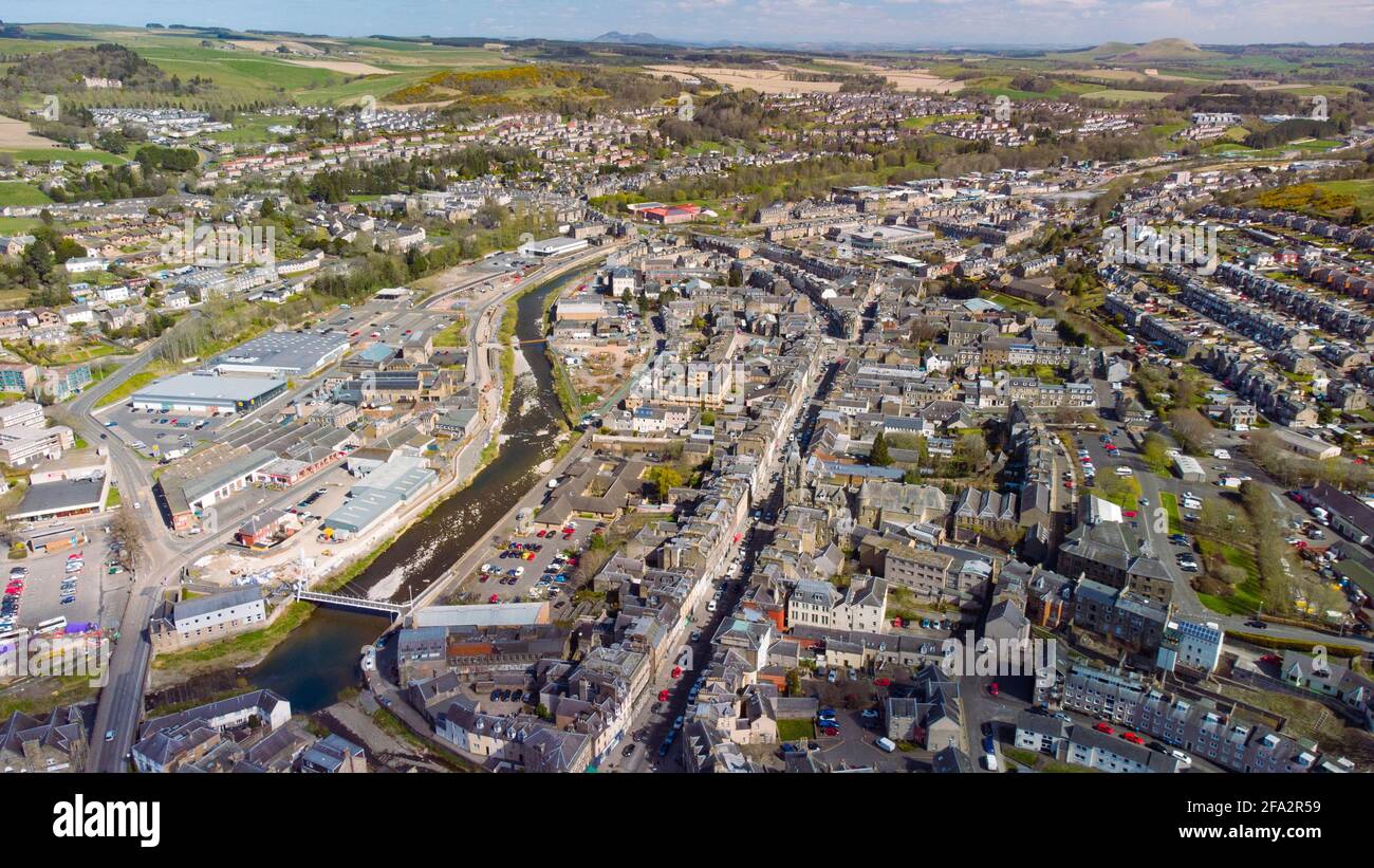 Aerial view from drone (C0 class) over town of Hawick in Scottish ...