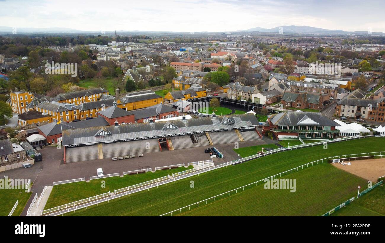 Aerial view from drone of Musselburgh Racecourse grandstand and ...