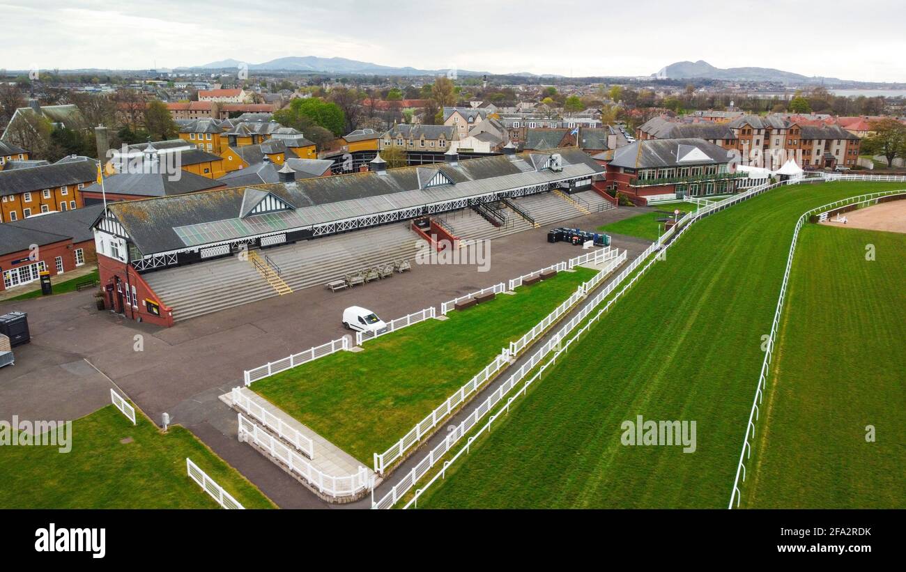 Aerial view from drone of Musselburgh Racecourse grandstand and ...