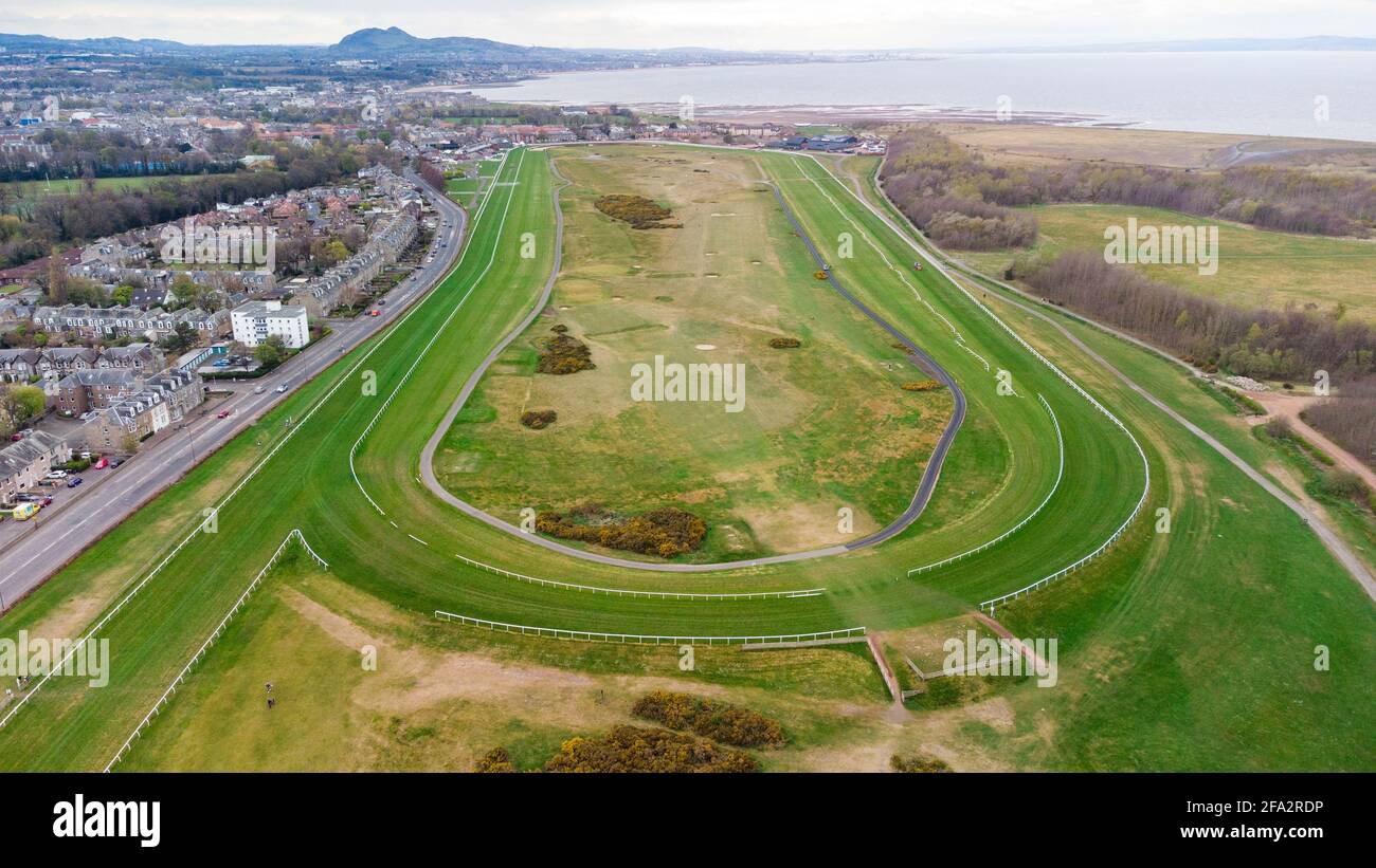 Aerial view from drone of Musselburgh Racecourse and historic ...