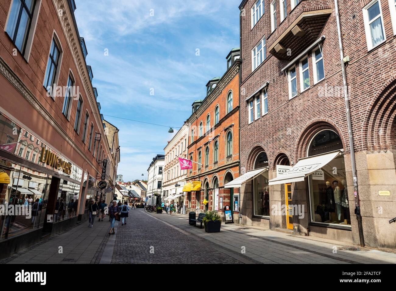 Lund, Sweden - August 30, 2019: Shopping street with restaurants, shops ...