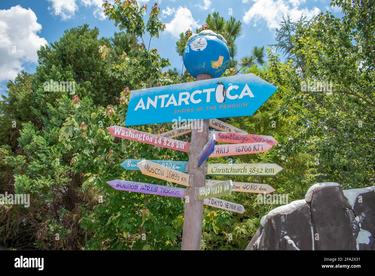 Orlando, Florida June 17, 2020. Top view of Antarctica sign at Seaworld ...