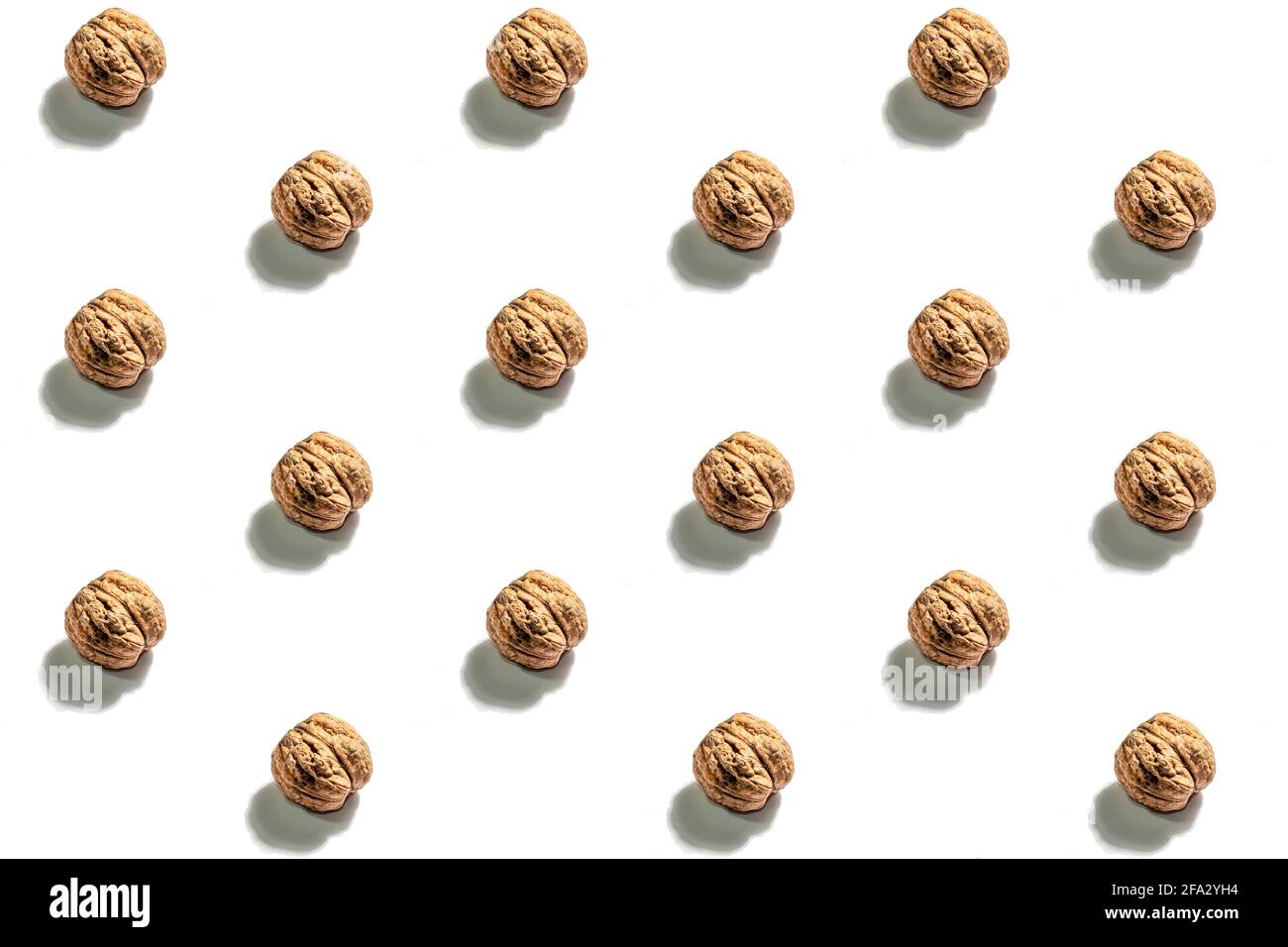 The whole unpeeled walnuts pattern isolated on white background. A ...