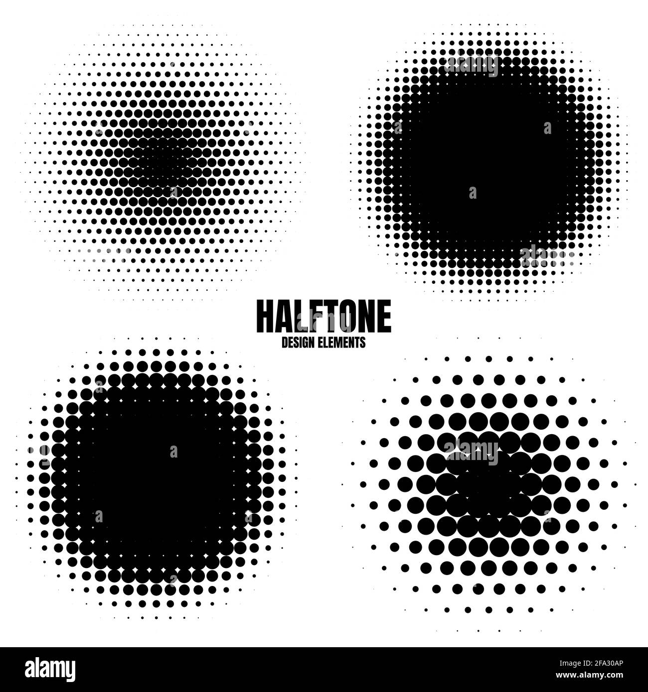 Circle halftone design elements with black dots isolated on white ...