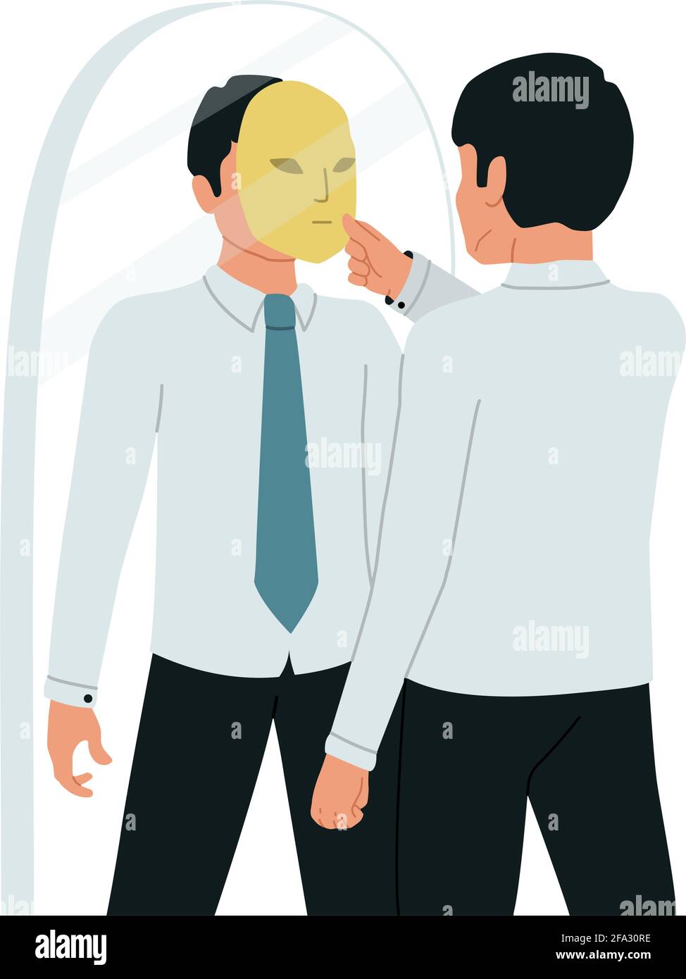 Imposter Syndrome. A businessman looks in the mirror and takes off his ...