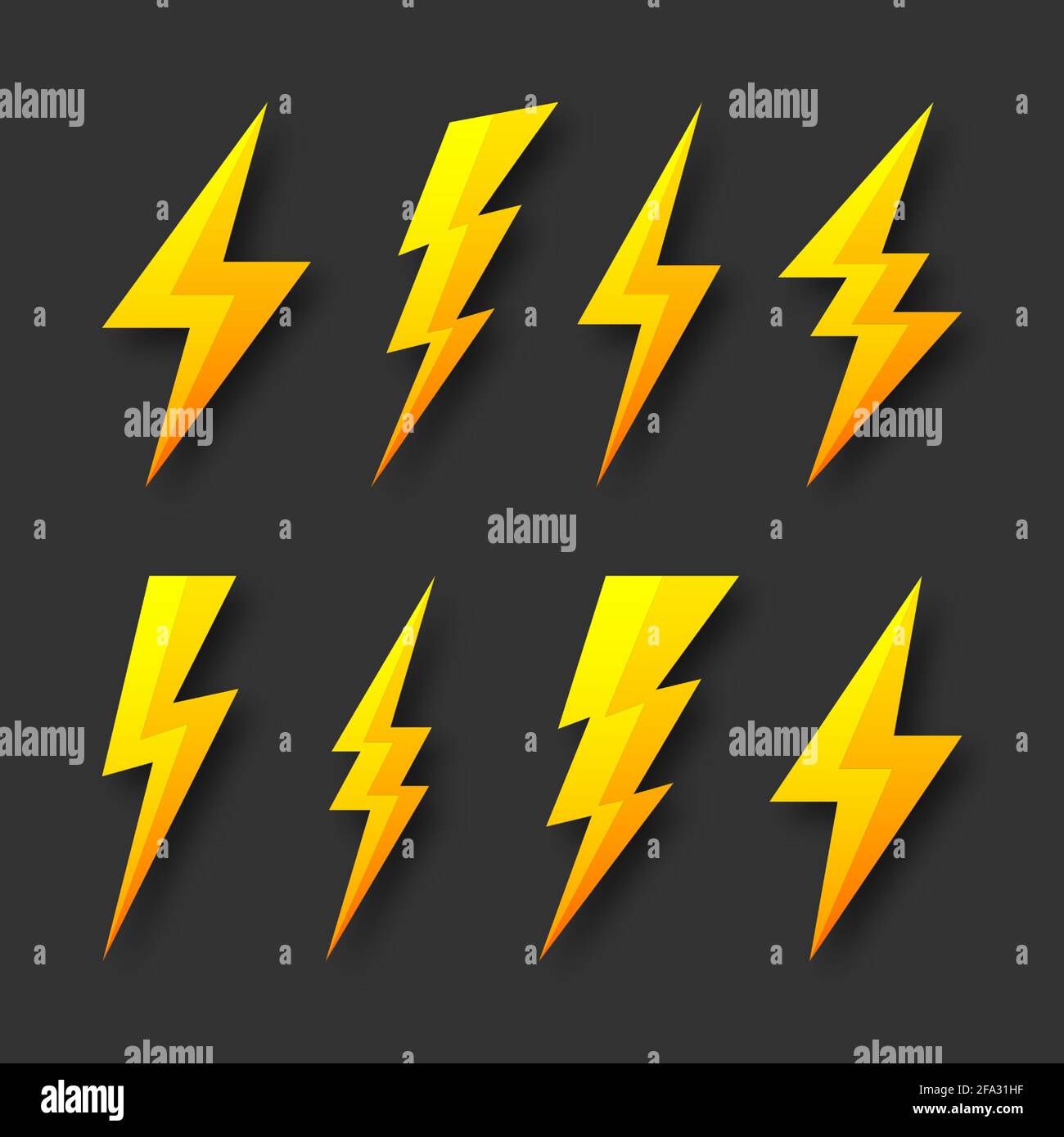 Yellow lightning bolt icons collection. Flash symbol, thunderbolt. Simple lightning strike sign ...