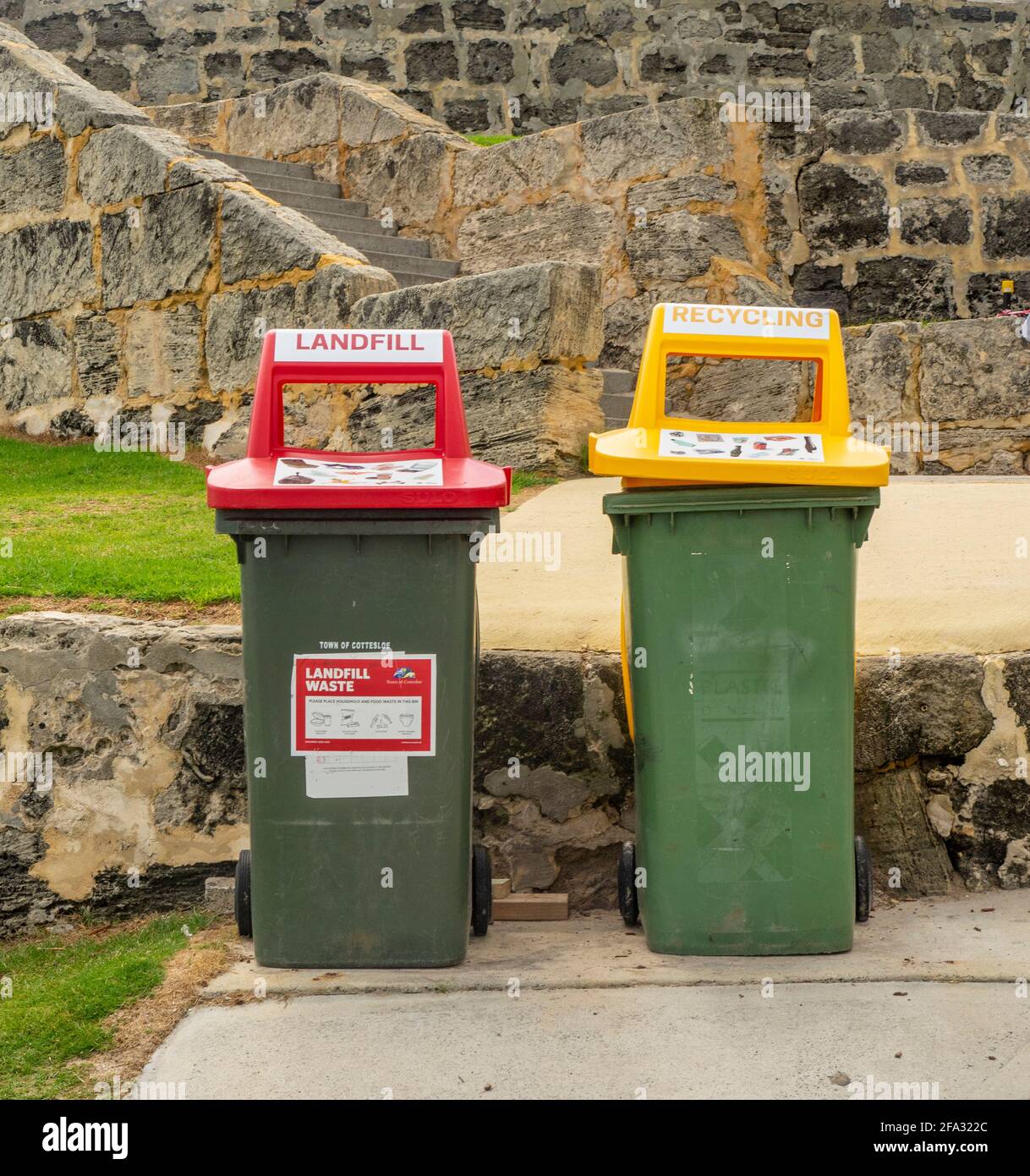 Two public rubbish bins one for landfill and one for recycling Stock ...
